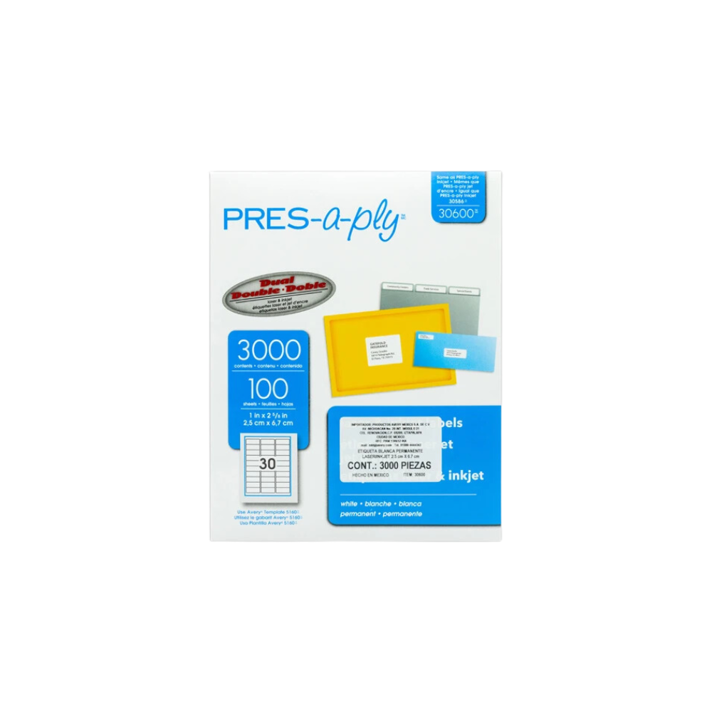 ETIQUETAS LASER BLANCAS AVERY 30600 DE 2.5 X 6.7 CM 1 PAQUETE 30600