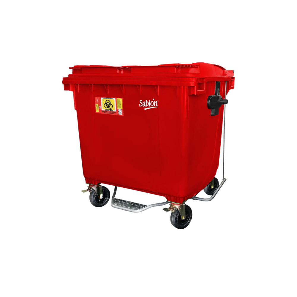 CONTENEDORES PARA BASURA DE 1100 LITROS CON PEDAL, IMPRESÓN RPBI COLOR ROJO